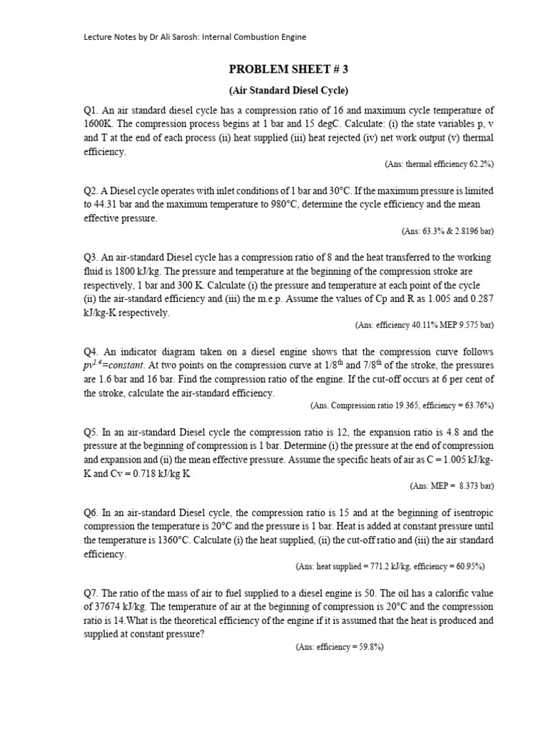 Problem Sheet 3_Air Std Diesel Cycle | PDF | Diesel Engine | Rotating Machines
