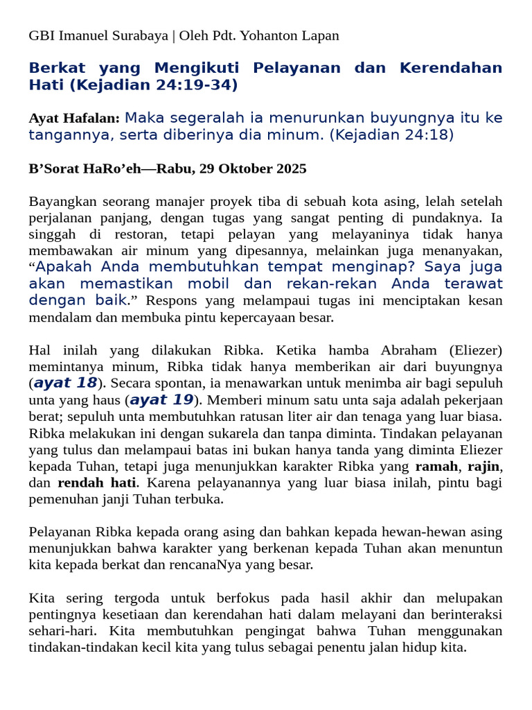 Pelayanan Tulus Ribka dan Berkat Tuhan | PDF
