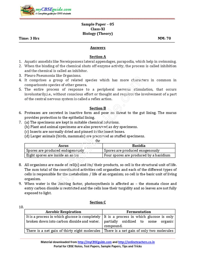 2017 11 Sample Paper Biology 05 Ans Weywu | PDF | Cellular Respiration ...