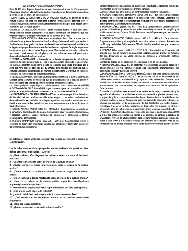 Cultura Andina 1° Secun | PDF | Era precolombina