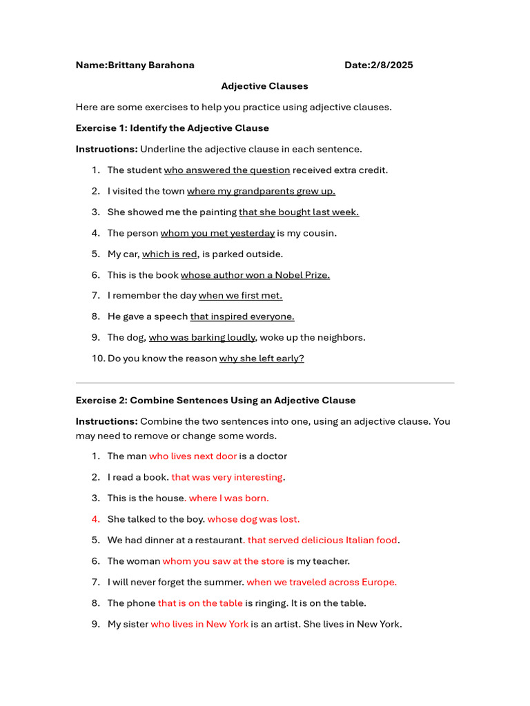 Exercises With Adjective Clauses | PDF