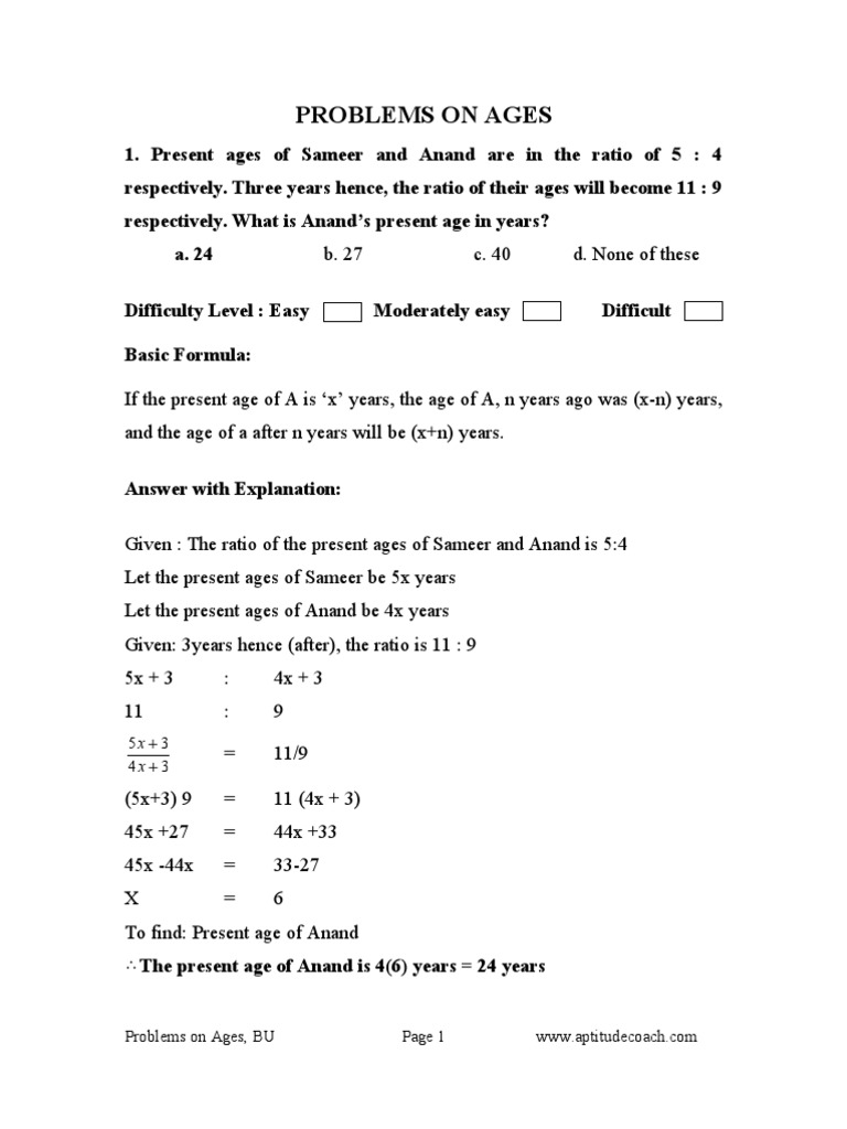 Age Problems and Solutions Guide | PDF | Mathematical Objects ...