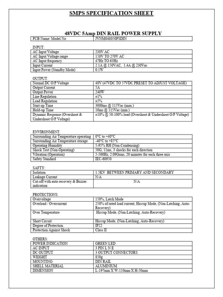 48v 5a Din Rail Specification Sheet - Updated | PDF