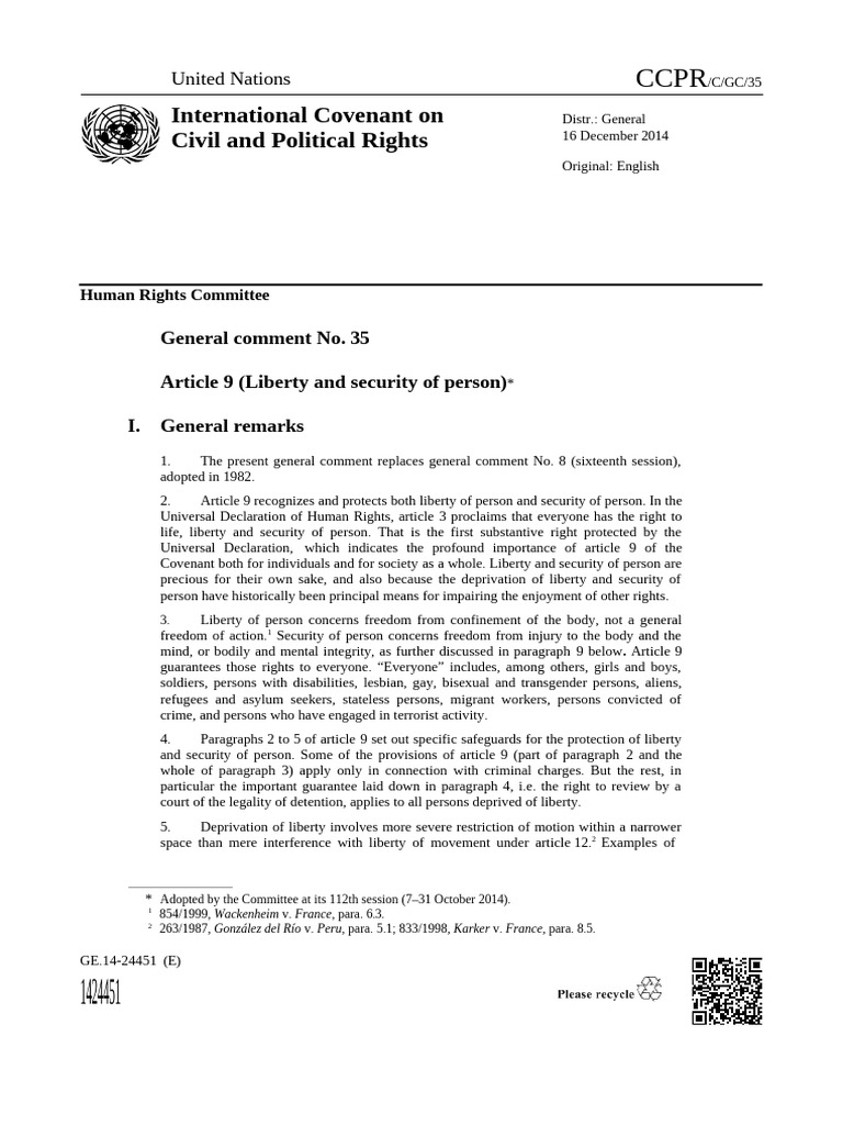 UN General Comment on Article 9 Rights | PDF | Arrest | Prosecutor