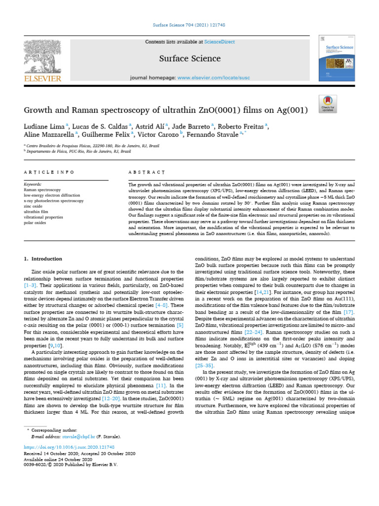 Growth and Raman spectroscopy of ultrathin ZnO(0001) films on Ag(001 ...