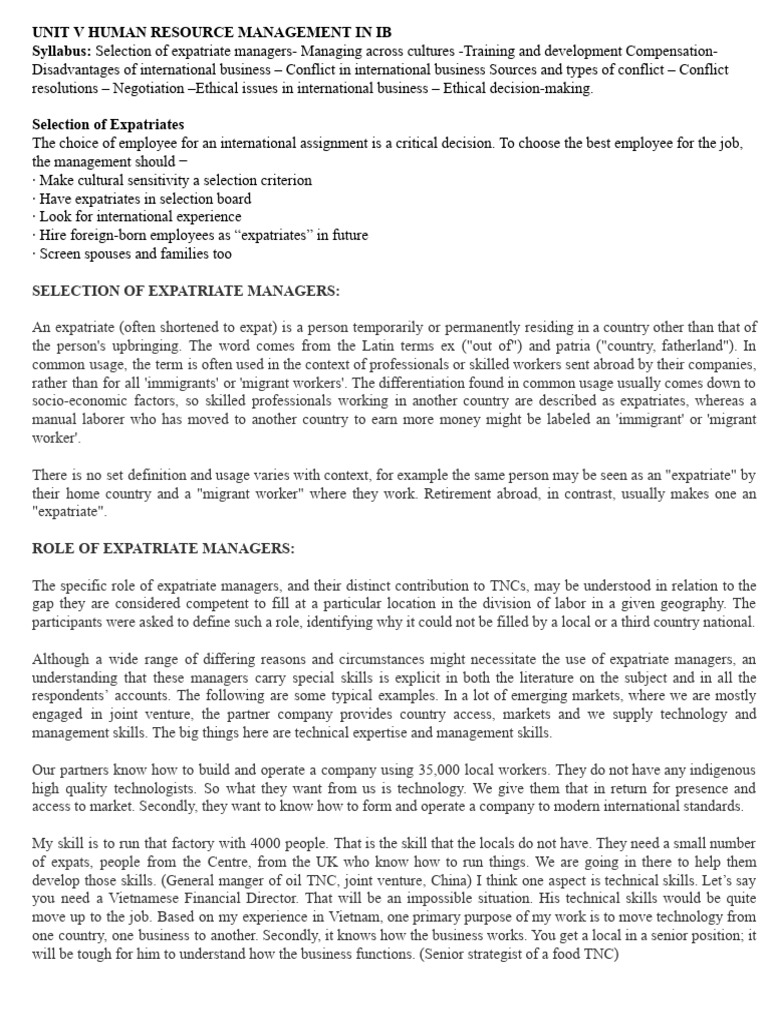 International Business - BA4302 - Notes - Unit 5 - Human Resource ...