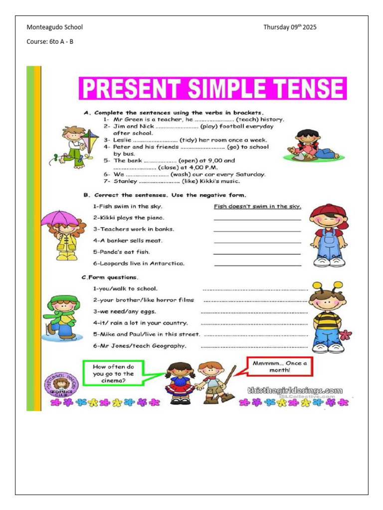 Monteagudo 2025. 6to A - B. Present Simple Worksheet | PDF