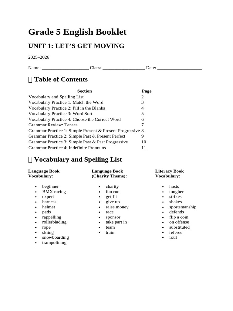 Grade 5 English Vocabulary & Grammar Guide | PDF | Grammar | Language ...