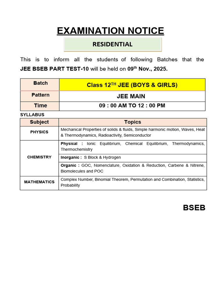 Notice (JEE + NEET) 09.11.2025 Class 12 (Student) | PDF