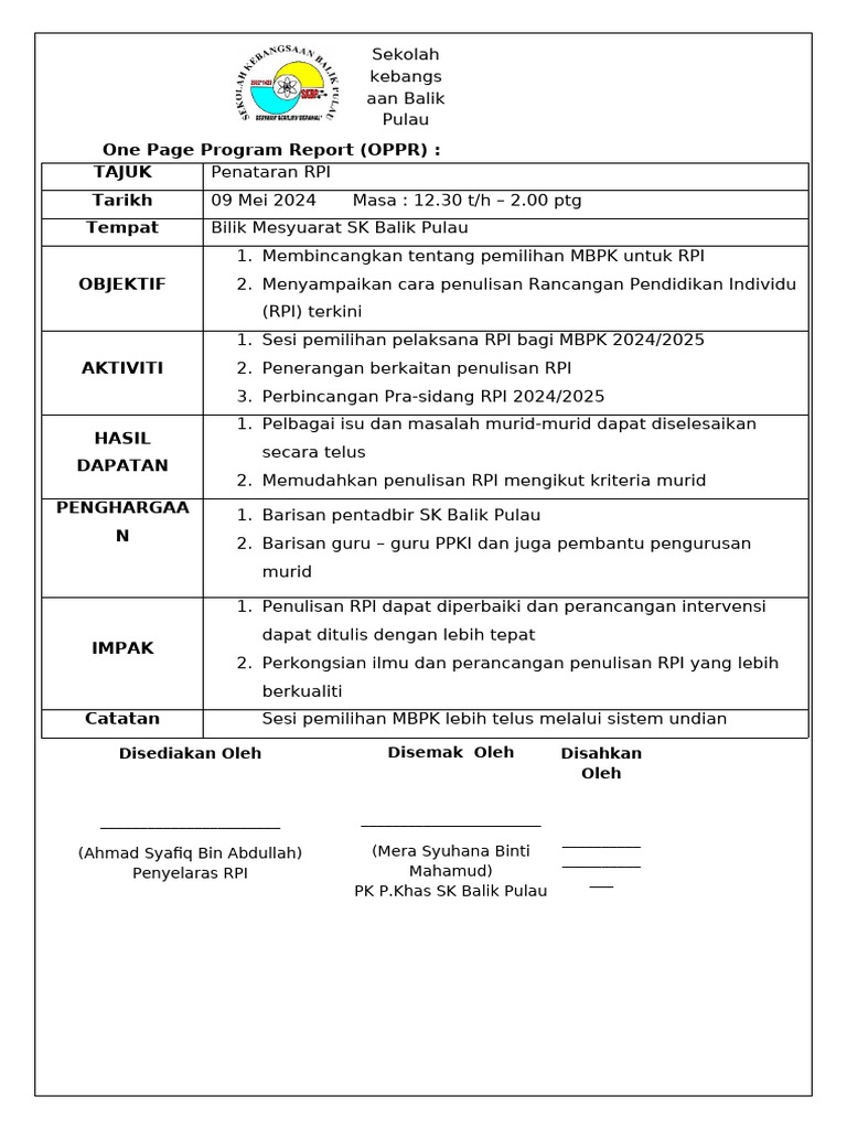 Penataran RPI SK Balik Pulau 2024 | PDF