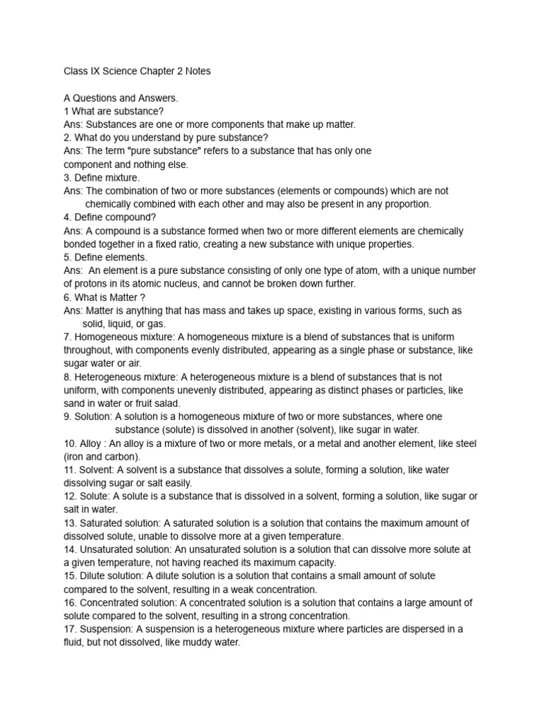 Class IX Science: Matter and Mixtures Notes | PDF | Mixture | Chemical ...