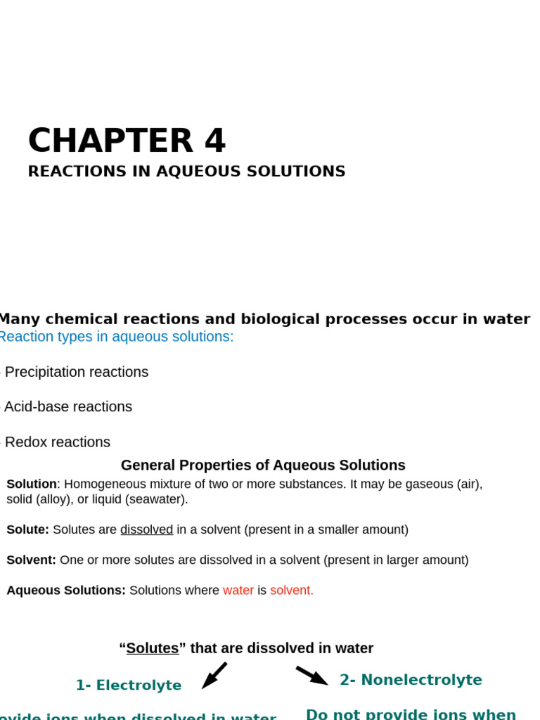 Chapter - 4 - Reactions in Aqueous Solutions | PDF | Aqueous Solution | Ion