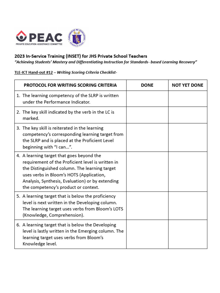 HO12-S4 2023 TLE-ICT Writing Scoring Criteria Checklist | PDF
