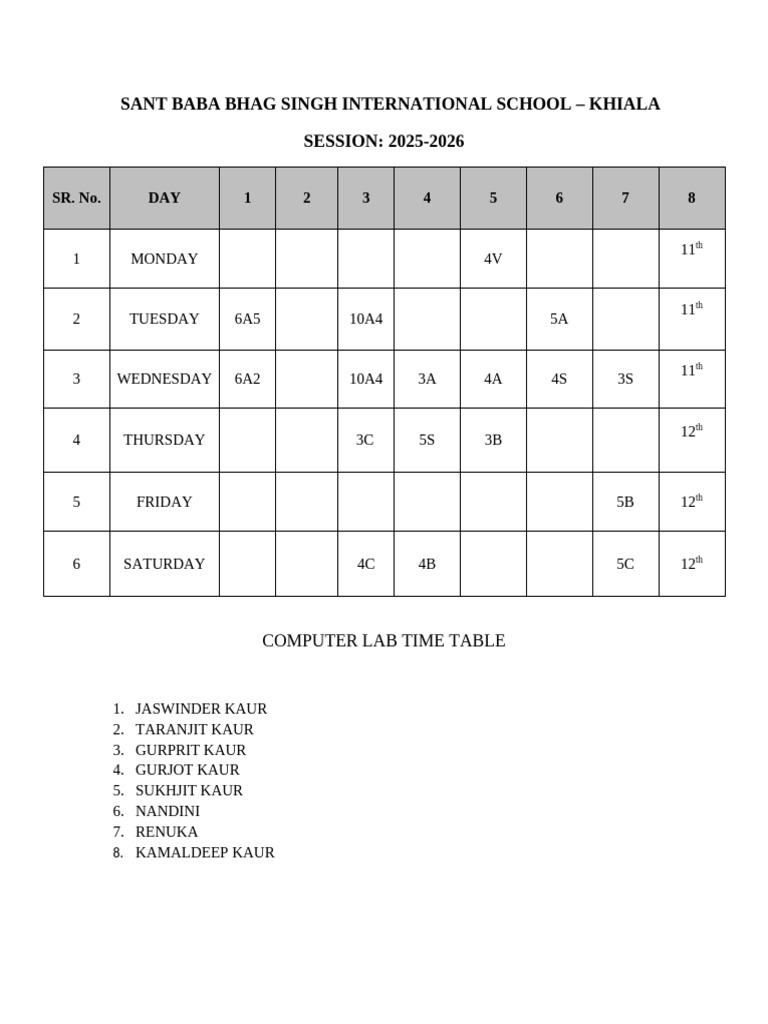 Sbbs Comp - Lab Timetable | PDF