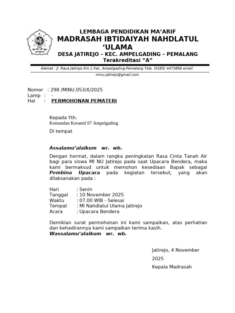Permohonan Pembina Upacara MI NU Jatirejo | PDF