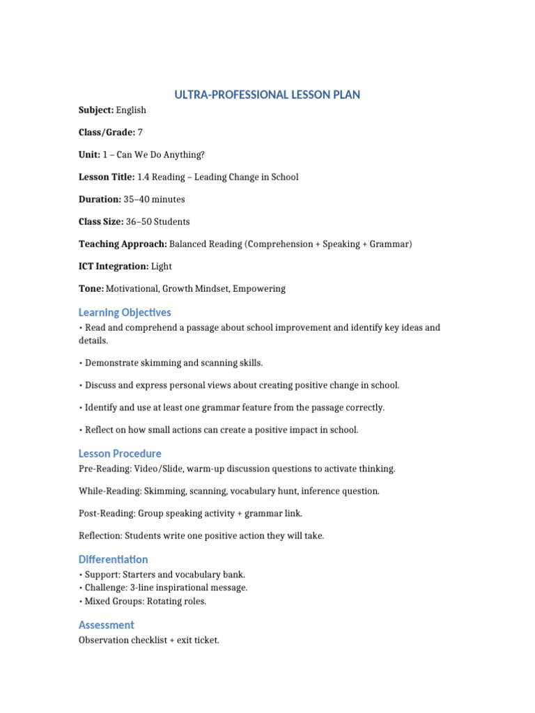 Premium Lesson Plan Unit1.4 Reading | PDF