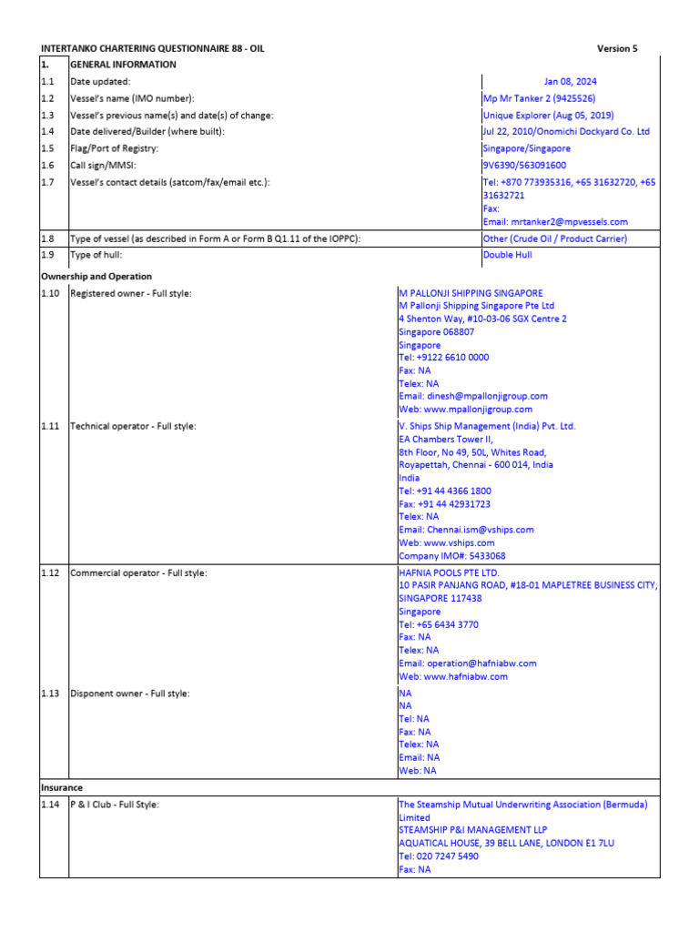 INTERCARGO Oil Chartering Questionnaire 88 | PDF | Tonnage | Oil Tanker