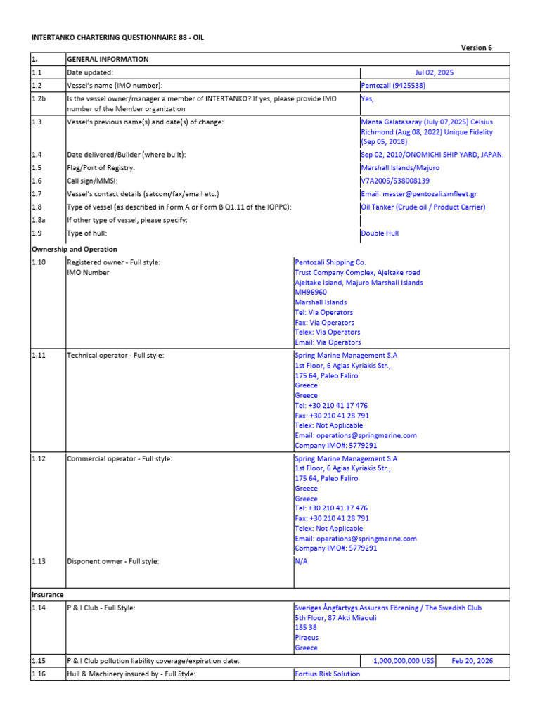 Pentozali Q88 V6 (Oil) 02jul2025 | PDF | Tonnage | Shipbuilding