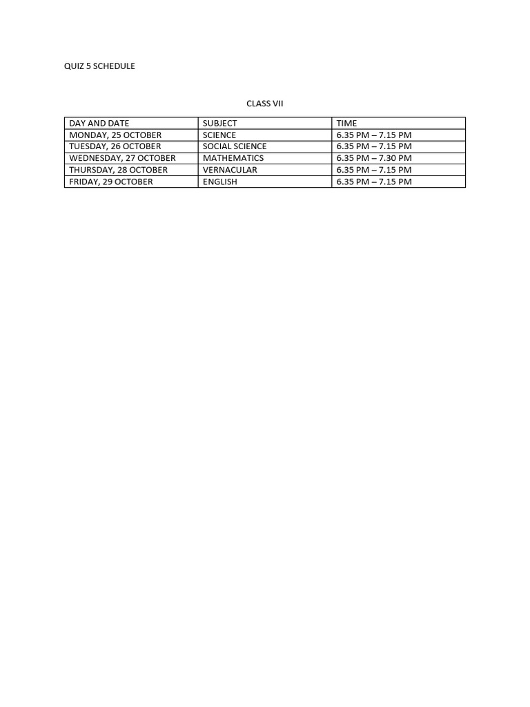 Class VII Quiz Schedule October 2023 | PDF