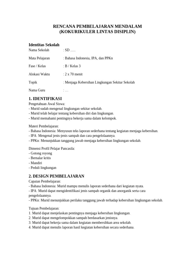 Contoh RPM Kokurikuler SD Kelas 3 | PDF
