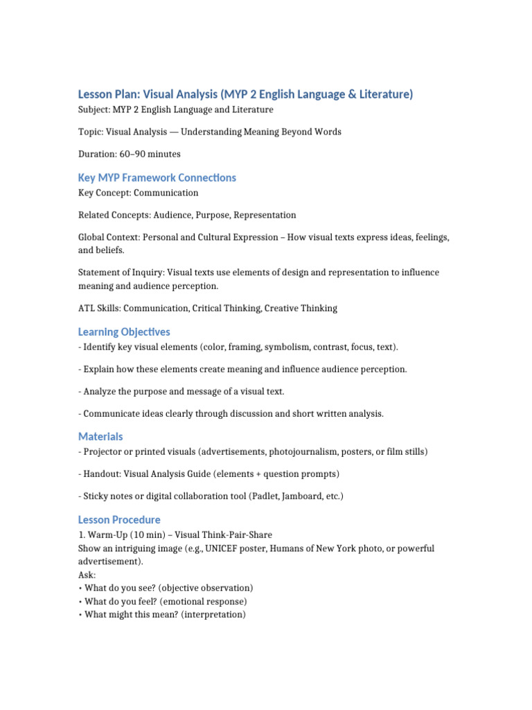 Visual Analysis Lesson Plan for MYP 2 | PDF | Semantics | Idea