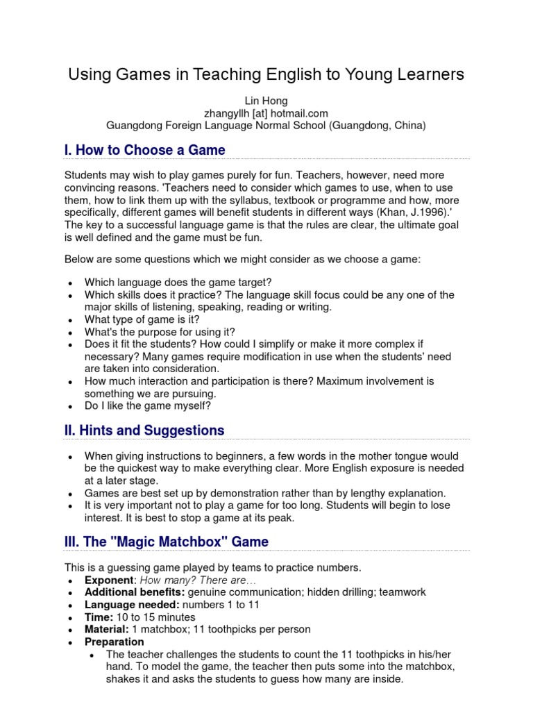 Games for Teaching English to Kids | PDF | English As A Second Or ...