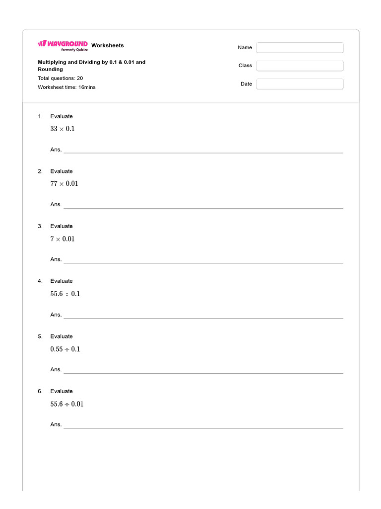 Multiplying and Dividing by 0.1 & 0.01 and Rounding - Wayground | PDF