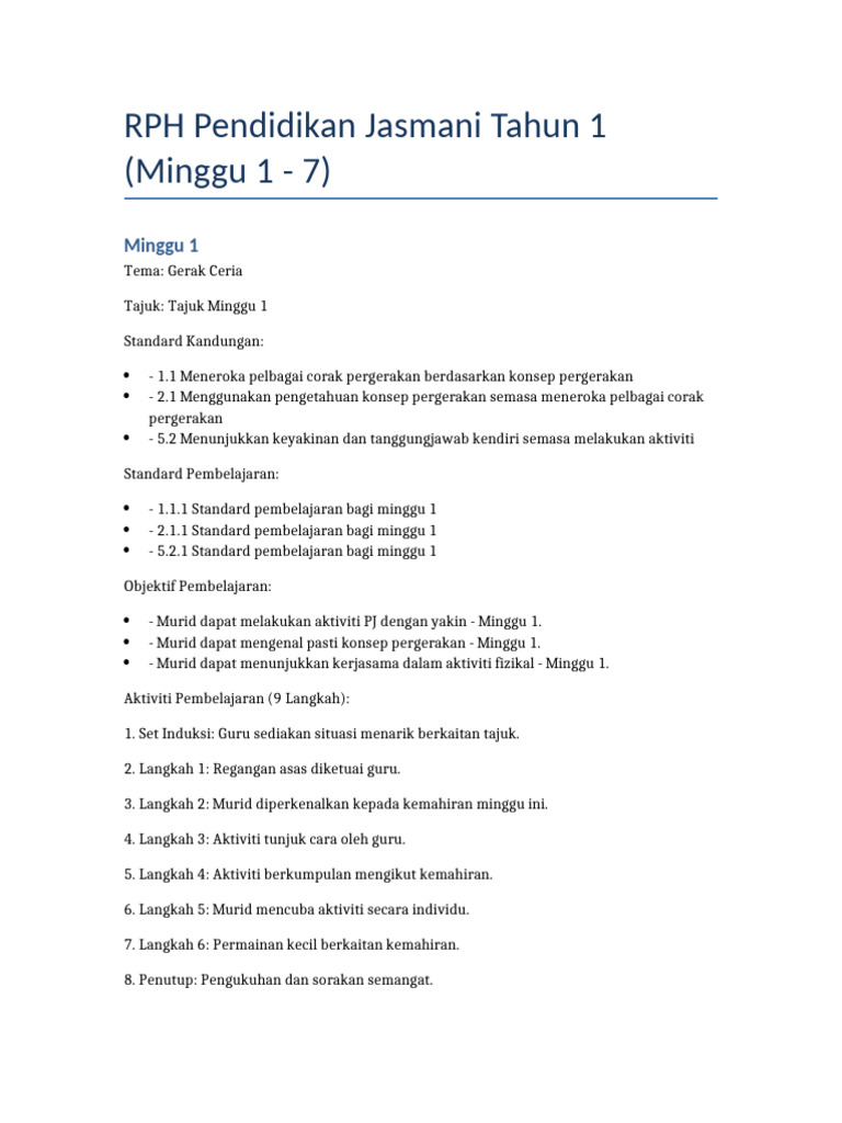 RPH PJ Tahun1 Minggu1-7 Full | PDF