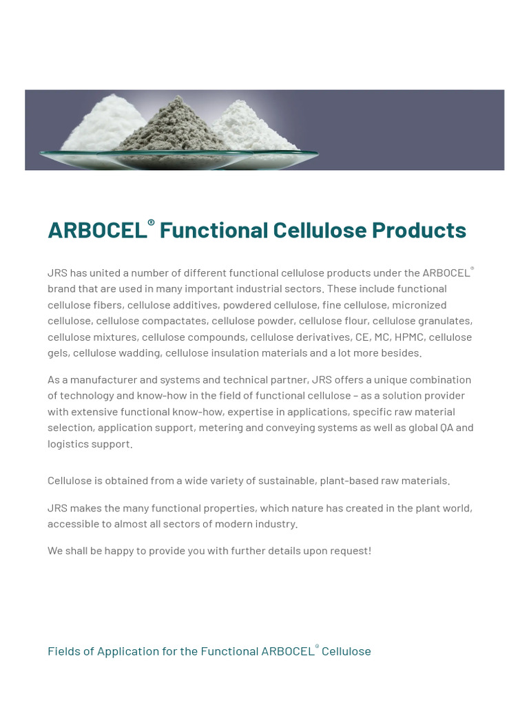 JRS - ARBOCEL® Functional Cellulose Products | PDF | Fibers | Cellulose