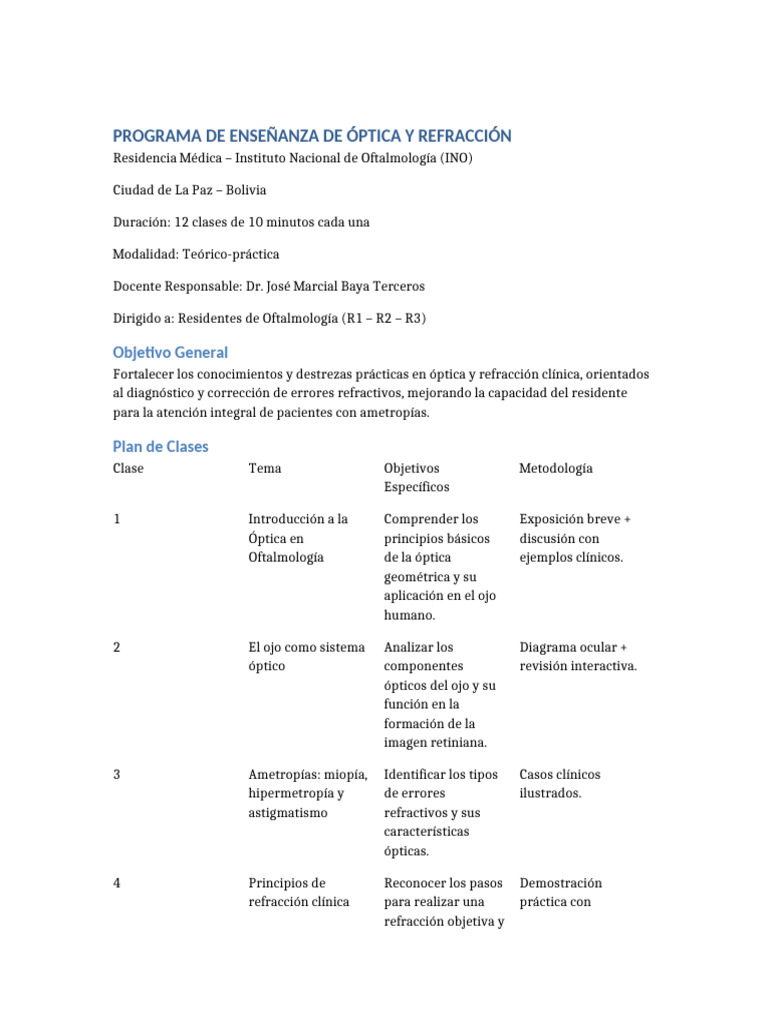 Programa de Óptica y Refracción Médica | PDF | Óptica | Lentes