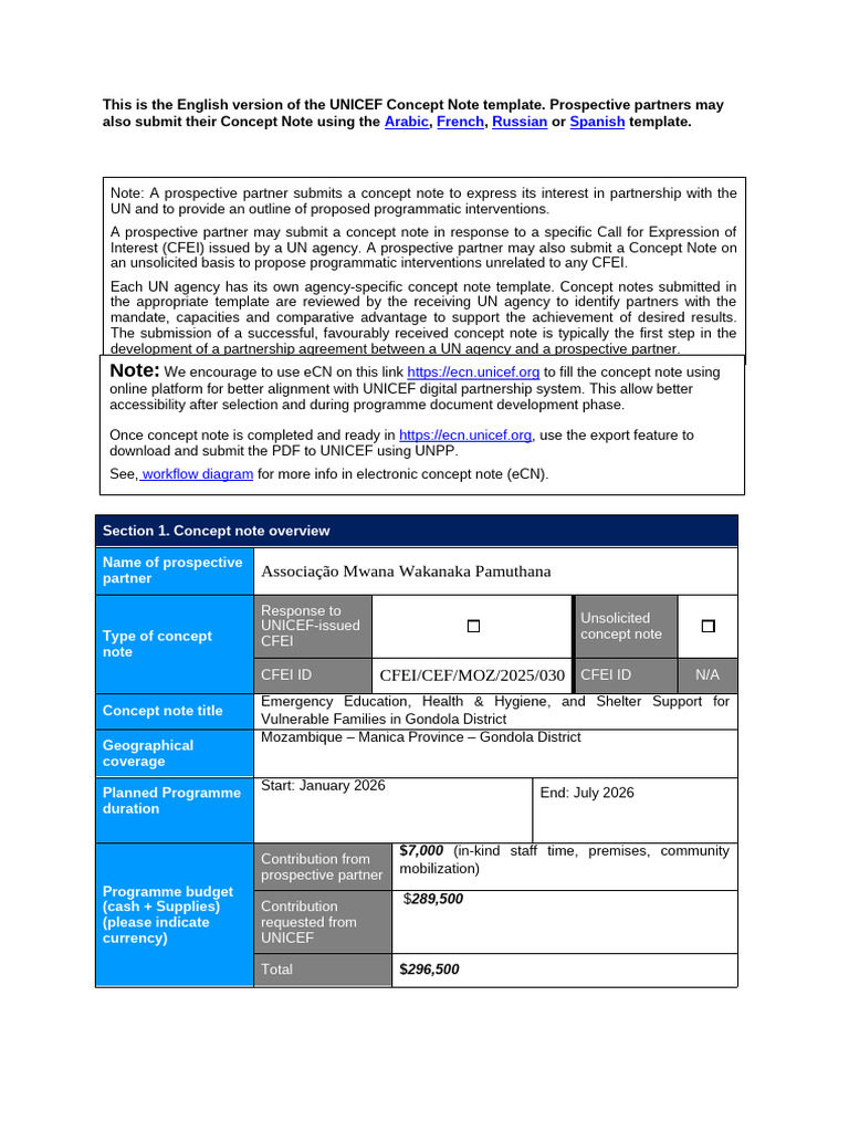 UNICEF Concept Note Template With Guideline QeITpKT THrSqaP | PDF | Performance Indicator | Wash