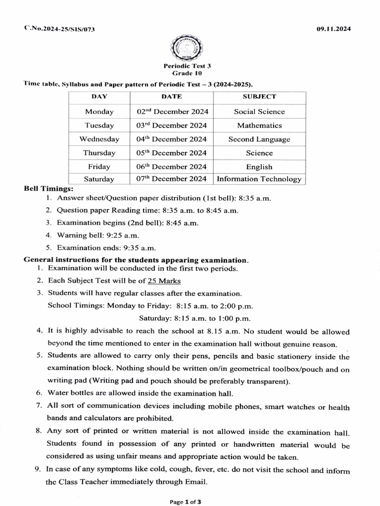 Grade 10 Periodic Test 3 Date Sheet | PDF