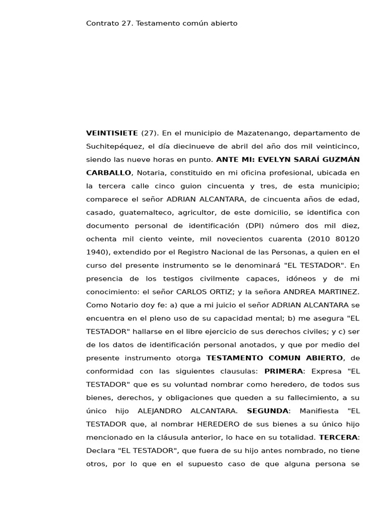 Testamento Común Abierto en Guatemala | PDF | Voluntad y testamento