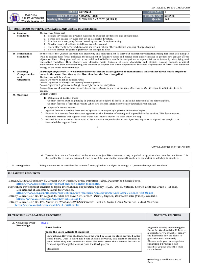 Science 5 Q3W1: Contact Forces Overview | PDF | Force | Friction