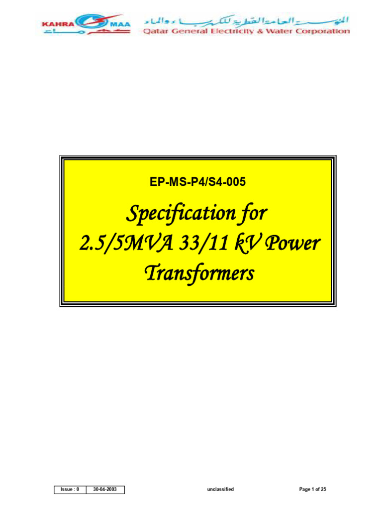 2.5/5 MVA 33/11kV Transformer Specs | PDF | Transformer | Insulator ...