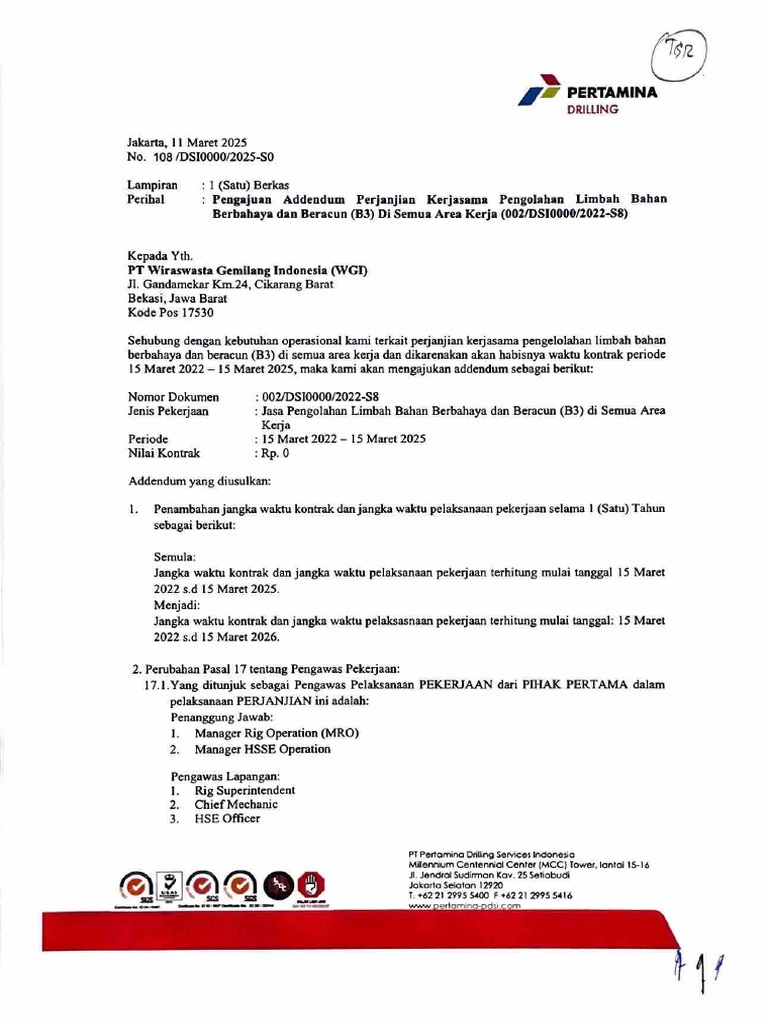 Surat Pengajuan Addendum Perj. Kerjasama PT PDSI - PT WGI | PDF