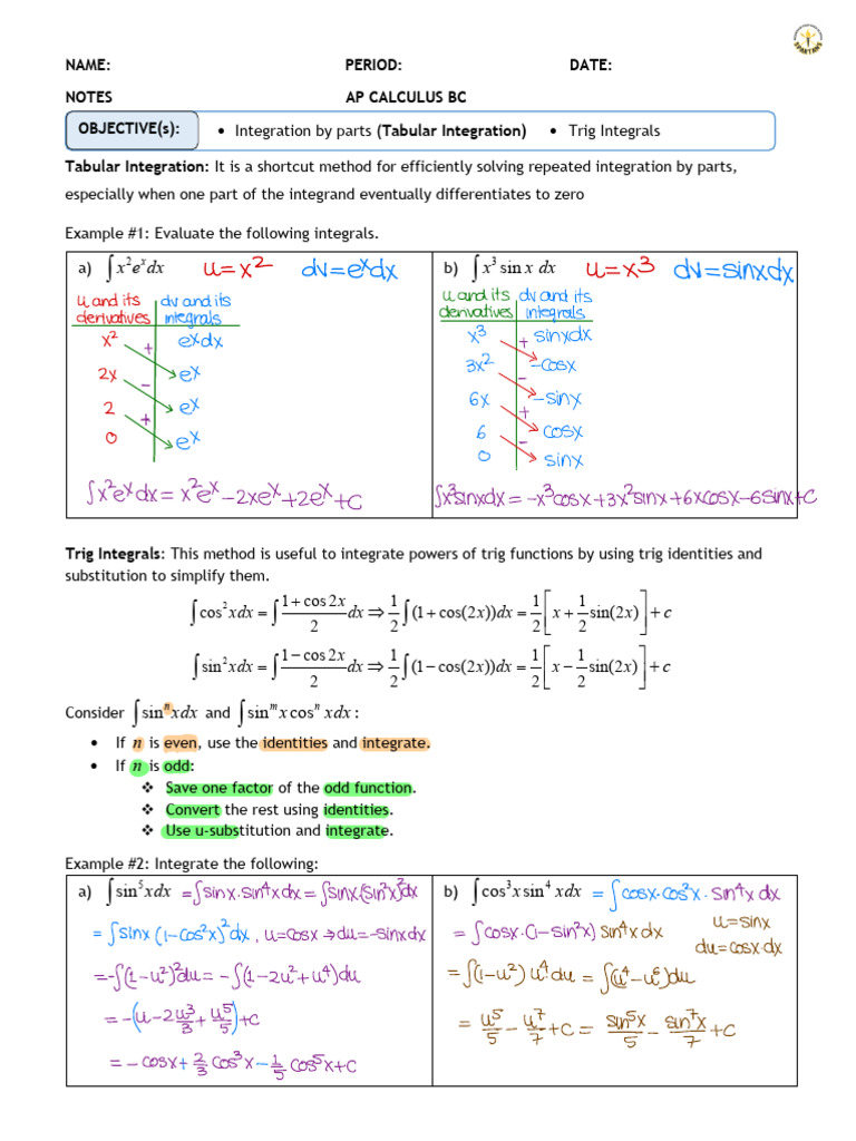 Notes Trig Integrals KEY | PDF | Integral | Mathematical Physics