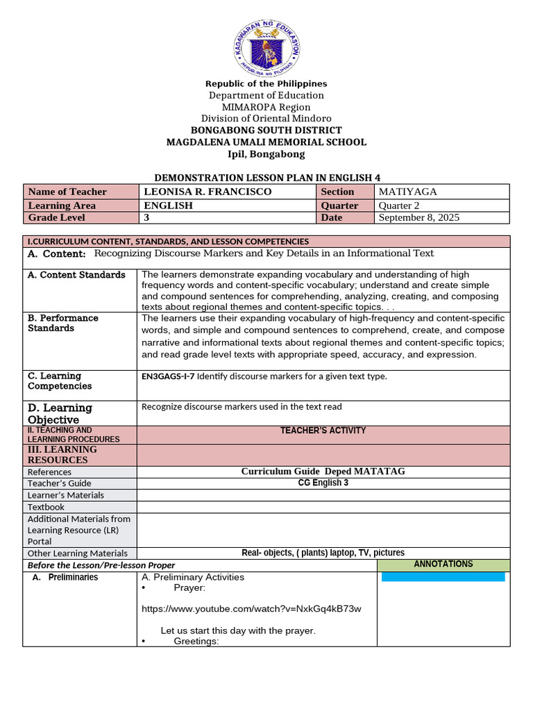 English 4 Lesson Plan: Discourse Markers | PDF | Reading Comprehension ...