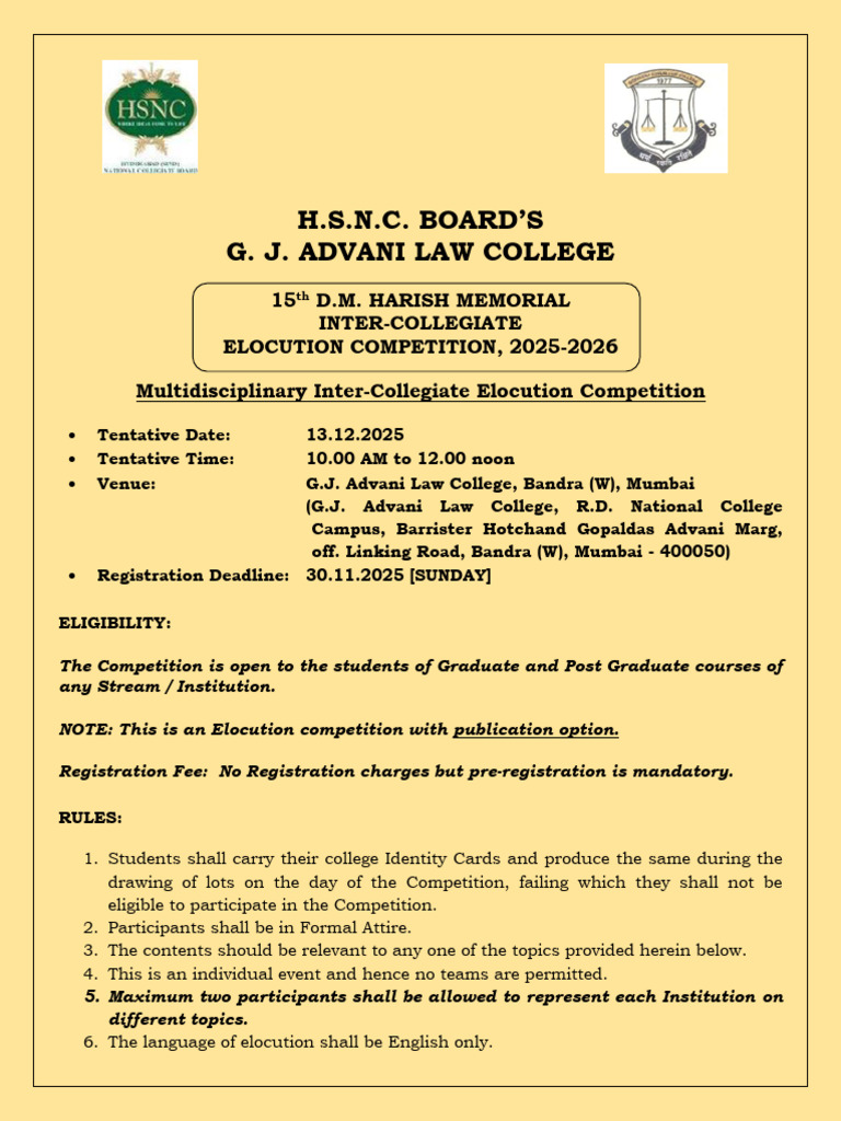 Gjalc 25-26 D.m.harish Memorial Inter-Collegiate Elocution Competition FF | PDF | Academic ...