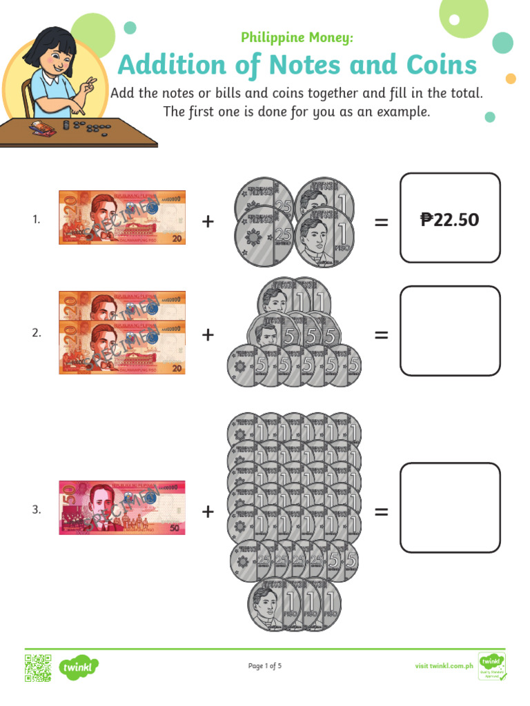 T 1724857099 Philippine Money Addition of Notes and Coins Ver 3 | PDF ...