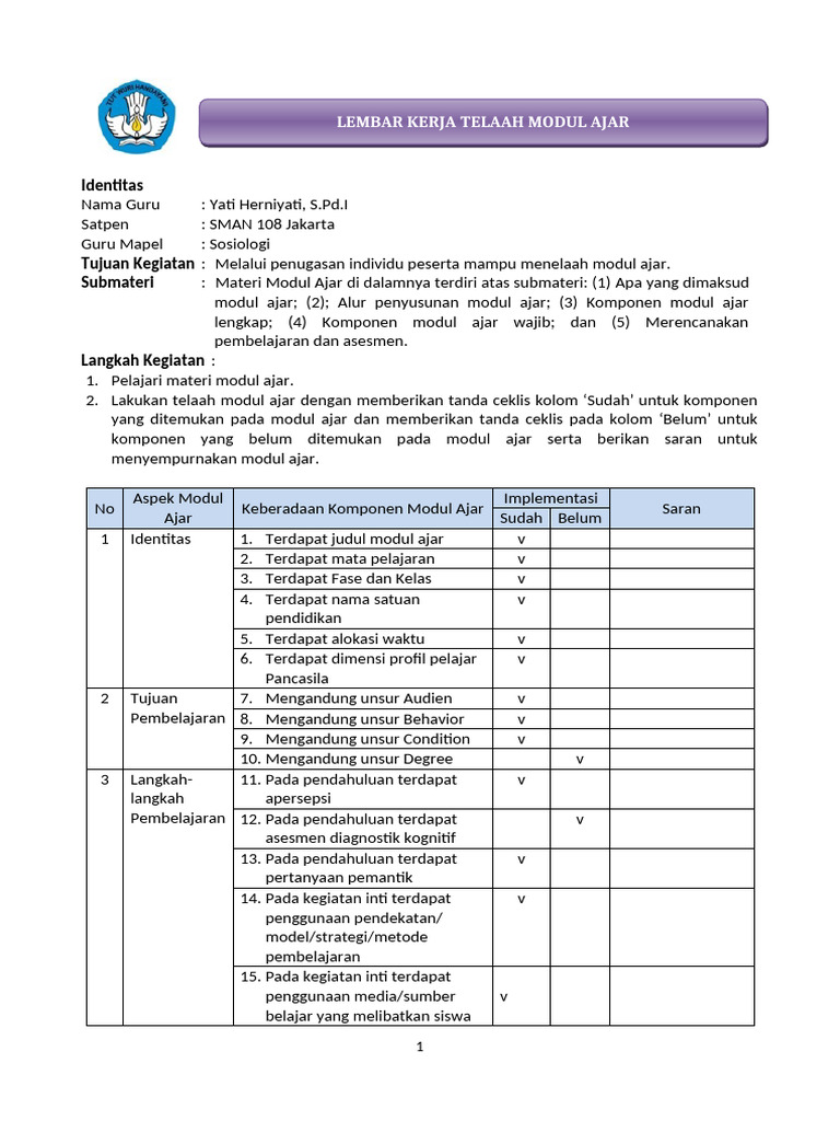 Telaah Modul Ajar Sosiologi SMAN 108 | PDF