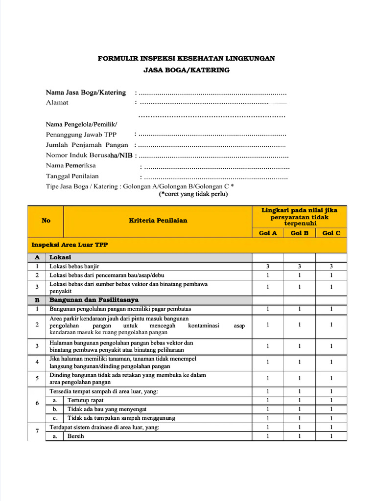 Form Ikl Jasa Boga PERSYARATAN SLHS | PDF