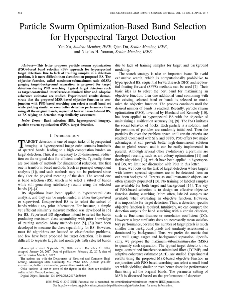 Particle Swarm Optimization-Based Band Selection | PDF | Receiver Operating Characteristic ...