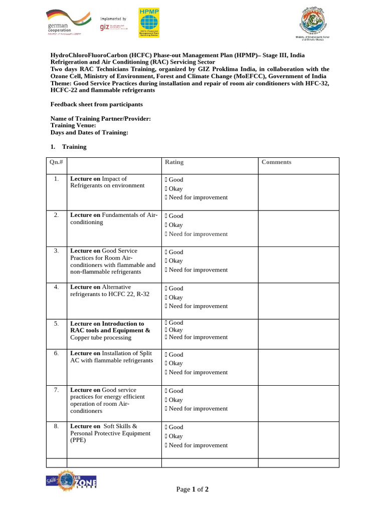 HPMP Stage III India - GIZ Proklima-RAC Technicians Feedback Sheet | PDF | Engineering ...