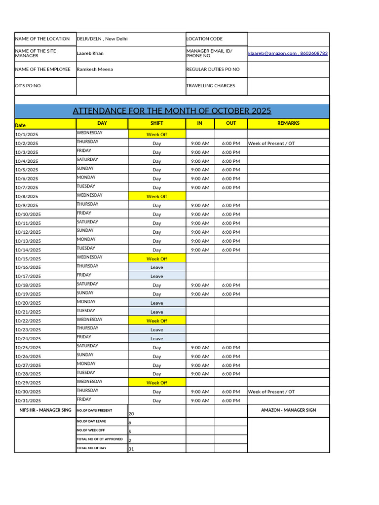 Amazon October Attendance Sheet | PDF