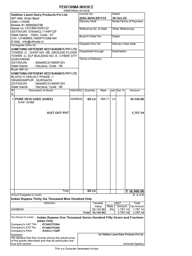 Performa Invoice for Dairy Products | PDF | Invoice | Public Finance