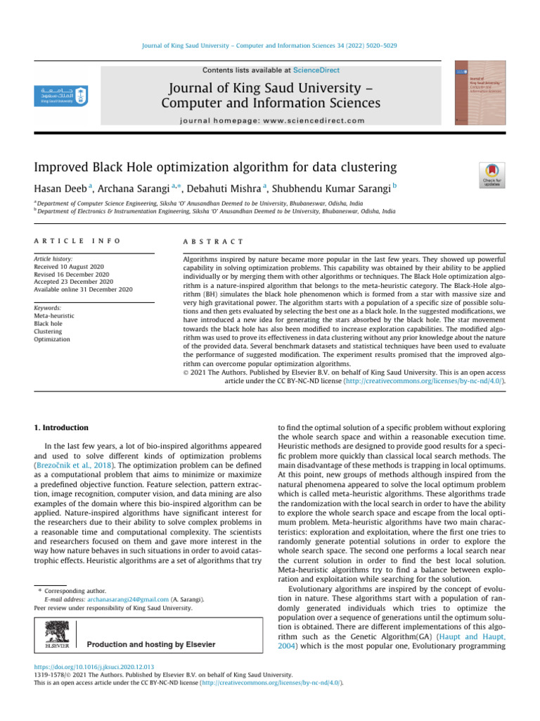 Improved Black Hole Optimization Algorithm For Data Clustering | PDF | Mathematical Optimization ...