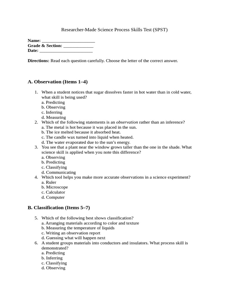 4th Grade Science Process Skills Test | PDF | Experiment | Science