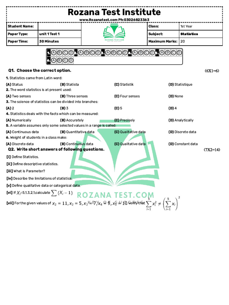 Statistics Test Papers for 1st Year Students | PDF | Mean | Probability ...