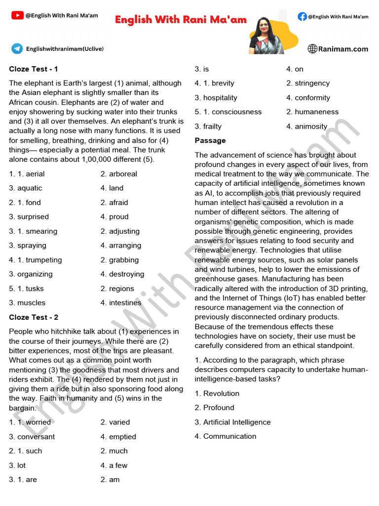 Cloze Test + Passage + Vocab | PDF | Elephant | Artificial Intelligence